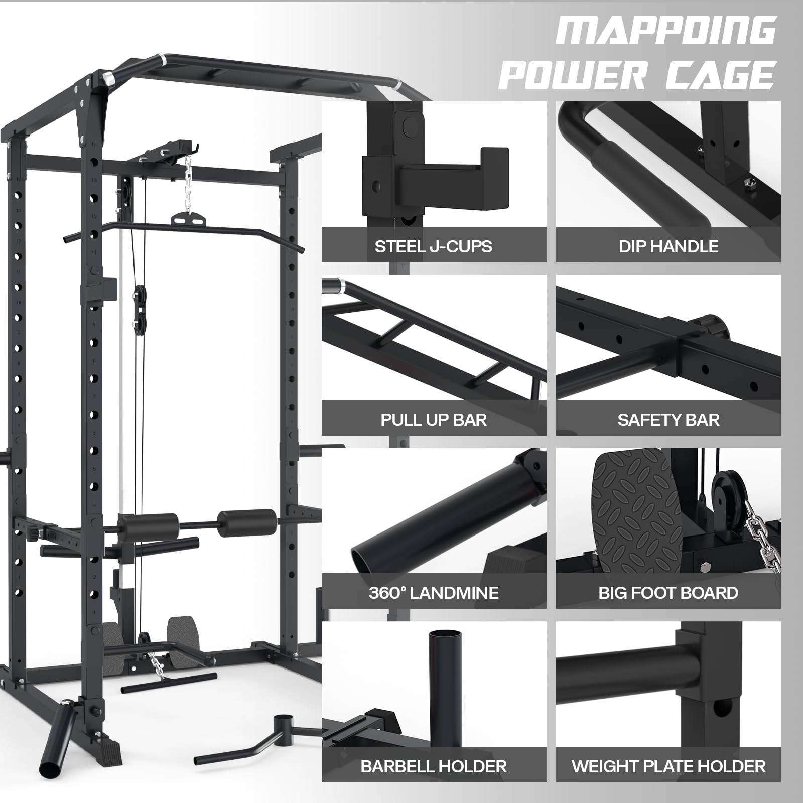 Mappding 1500 LBS Power Cage, Squat Rack for Home Gym with LAT Pullup System with 3 Grip Variation, T Bar, Leg Hold-Down Attachment, Weight Cage with More Training Attachment for Garage Workout, Black