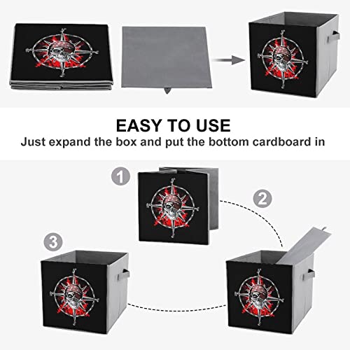 Compass Pirate Skull Foldable Storage Bins Printd Fabric Cube Baskets Boxes with Handles for Clothes Toys, 11x11x11