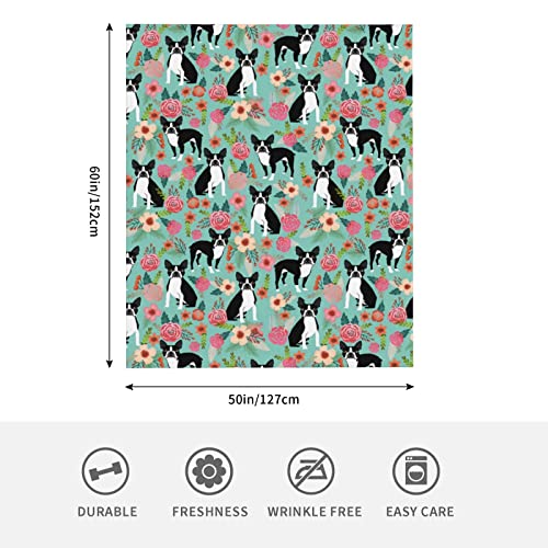 Boston Terrier Vintage Flowers Dog Throw Blanket, Ultra Soft Microplush Bed Blanket, All Season Microfiber Fleece Throw for Bed Chair Sofa Couch Bedroom 60"X50"