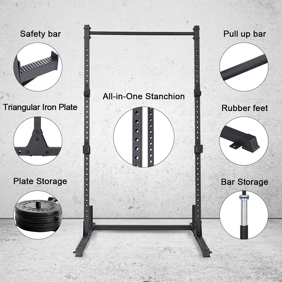 fissfire Squat Stand Home Gym 800lbs Workout Equipment Adjustable Power Rack with J-Hooks Safety Bar Pull Up Bar