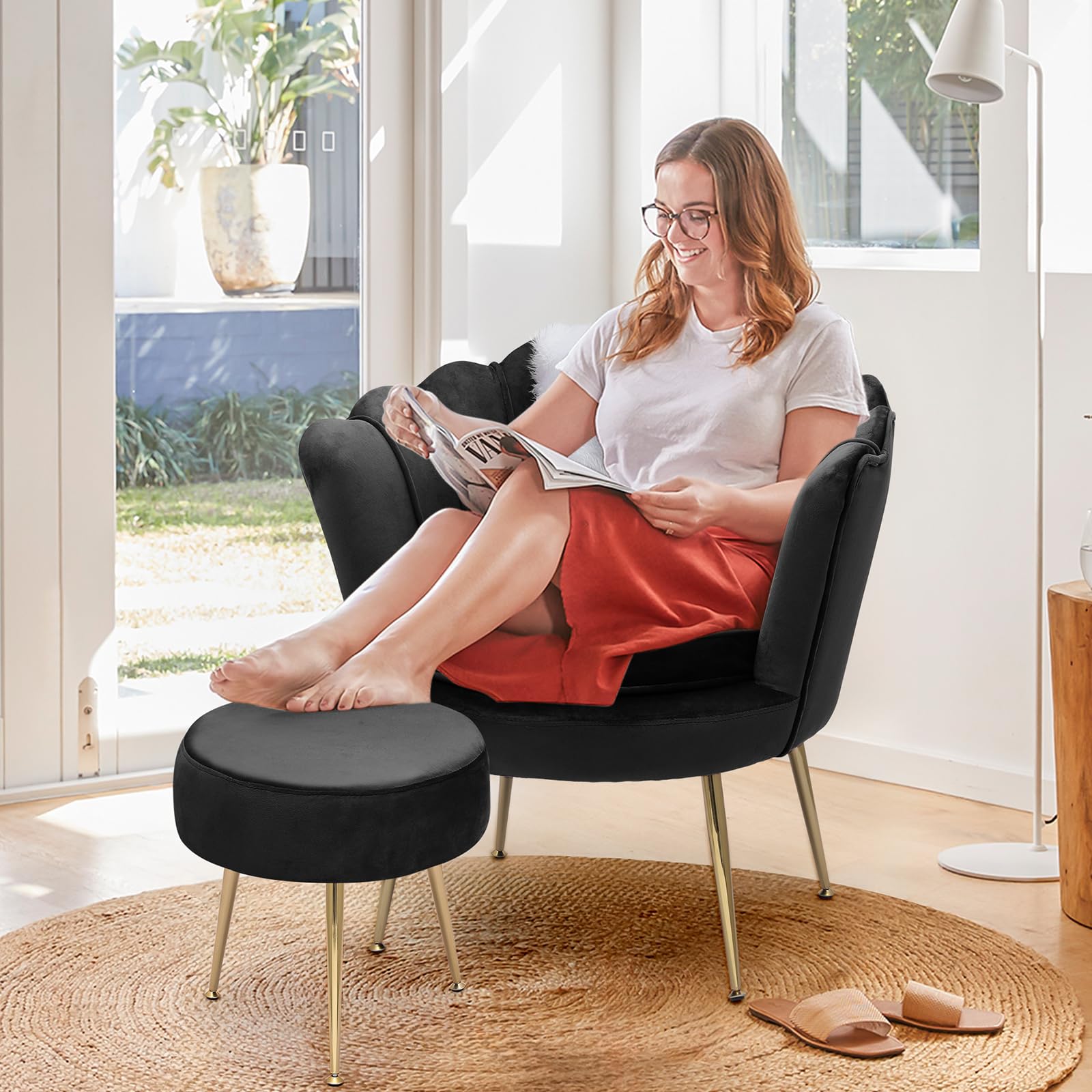 Magshion Modern Velvet Scalloped Back Accent Chair - Black, 250 lb Weight Capacity, Footrest & Pillow, Indoor Use