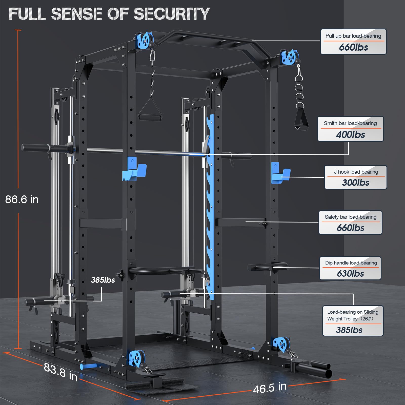 Multifunctional Power Cage Rack with Cable Crossover/Smith Machine System, LAT-Pull Down System,Squat Rack and More Training Attachments for Home Gym