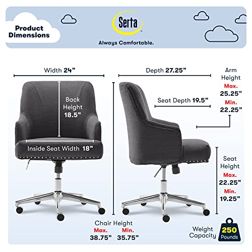 Serta Leighton Home Office Memory Foam, Height-Adjustable Desk Accent Chair with Chrome-Finished Stainless-Steel Base, 27.25D x 24W x 35.75H in, Dark Gray