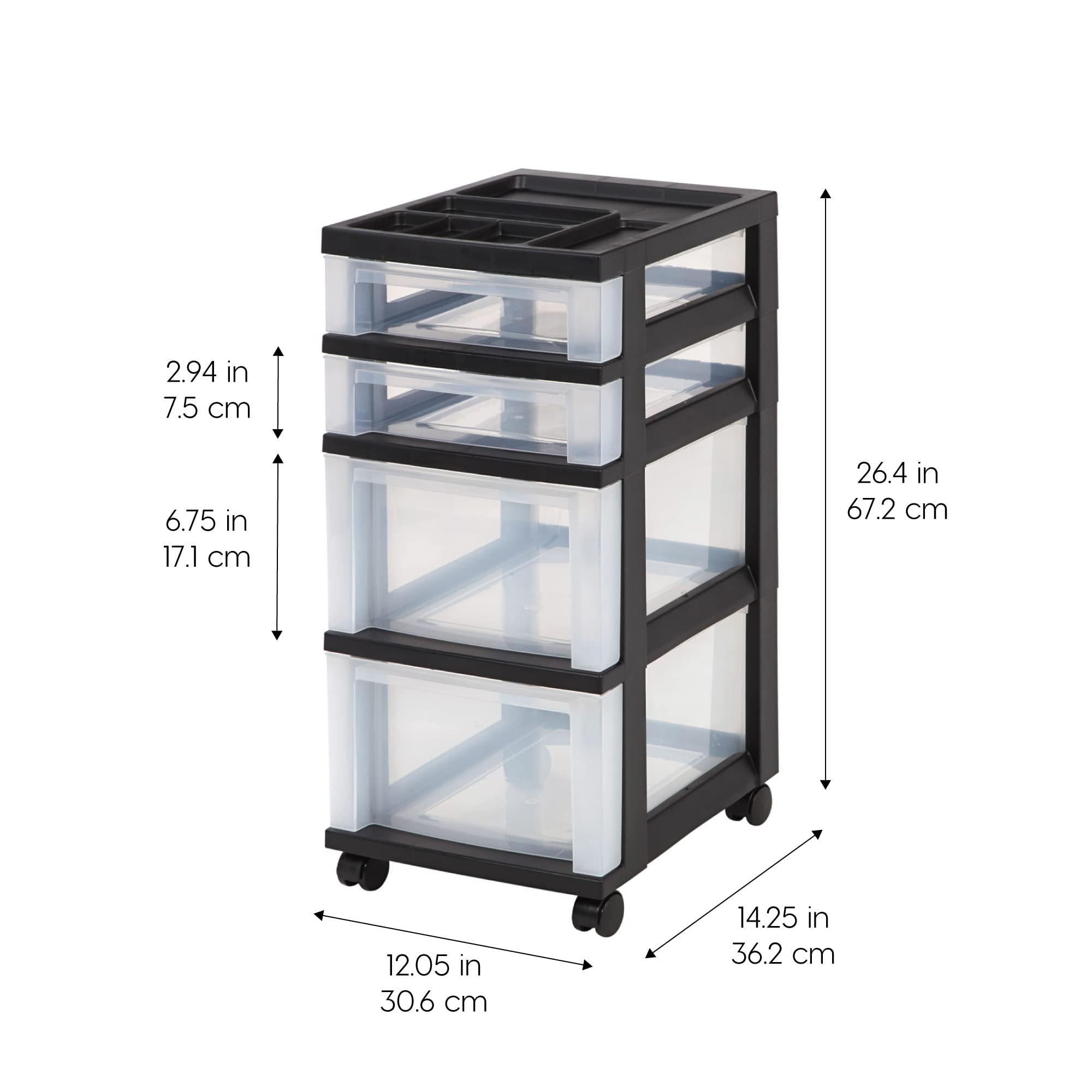 IRIS 4-Drawer Rolling Storage Cart with Organizer Top, Black