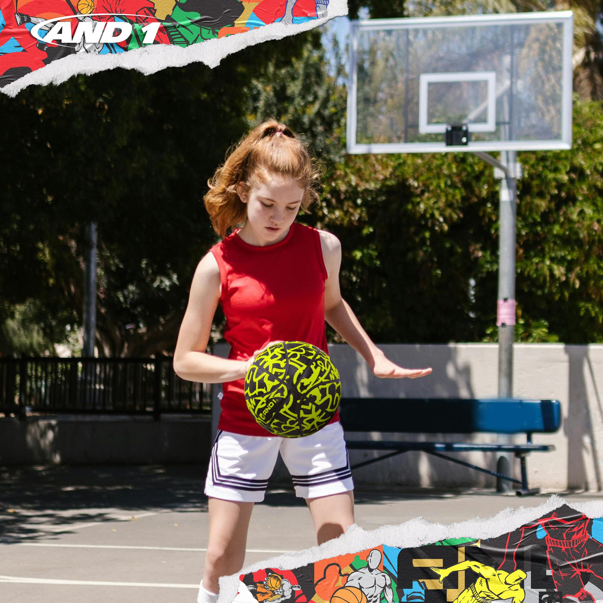 AND1 Fantom Graffiti Rubber Basketball Game Ready, 27.5 Inches, Youth Size 5, Made for Indoor and Outdoor, Sold Deflated (Pump NOT Included), Volt
