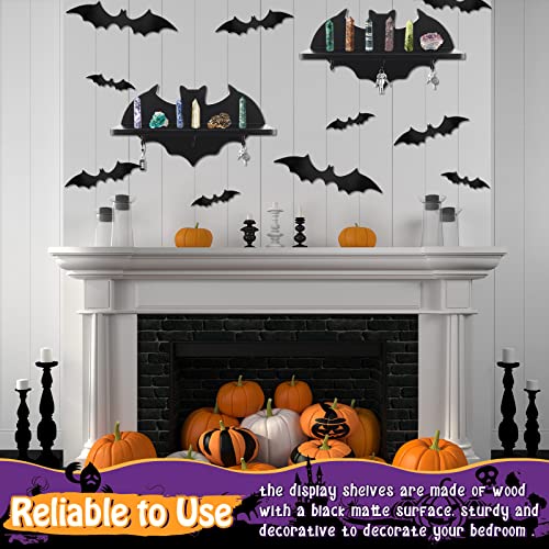 Wood Gothic Home Decor 2 Sets Wood Bat Shelf with 28 Pieces Plastic Bat Wall Stickers Wooden Bat Floating Shelves with Screws Wood Halloween Christmas Display Shelves Wall Decor Halloween Wall Decals