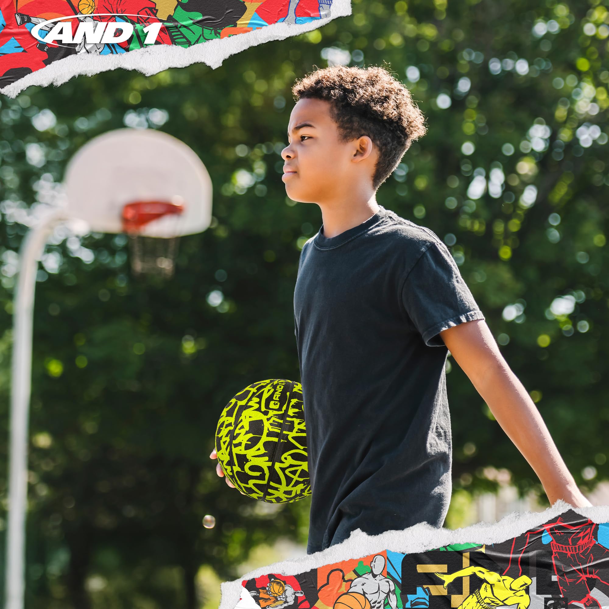 AND1 Fantom Graffiti Rubber Basketball Game Ready, 27.5 Inches, Youth Size 5, Made for Indoor and Outdoor, Sold Deflated (Pump NOT Included), Volt