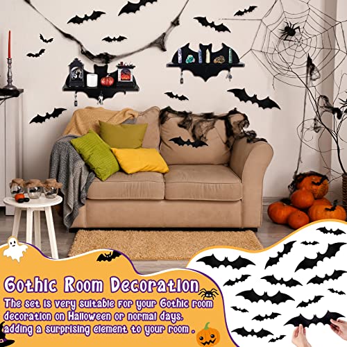 Wood Gothic Home Decor 2 Sets Wood Bat Shelf with 28 Pieces Plastic Bat Wall Stickers Wooden Bat Floating Shelves with Screws Wood Halloween Christmas Display Shelves Wall Decor Halloween Wall Decals