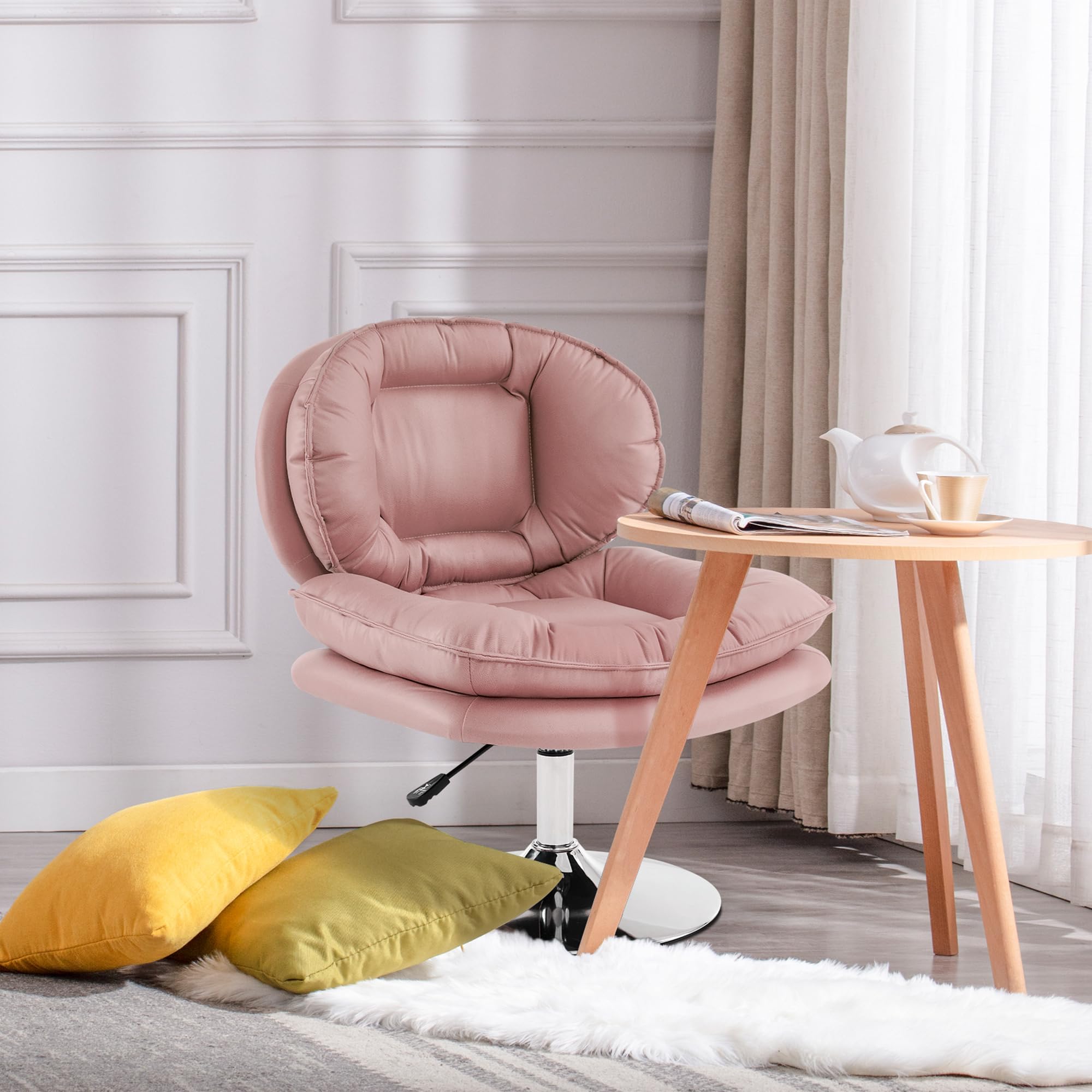 MCombo Swivel Accent Chair with Height Adjustment, Upholstered Desk Chair for Living Room Office 4846 4473 (Round Base, Pink)