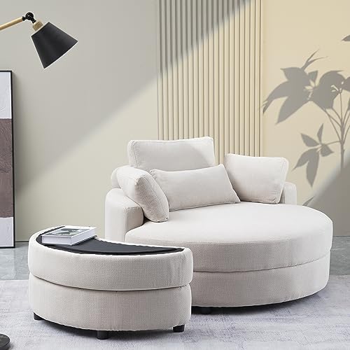 YUNLife&Home Oversized Accent Barrel Chair with Storage Ottoman+4 Pillows,Modern Comfy Upholstered Recliner Sofa Club Chaise Leisure Round Lounge Armchair for Living Room/Bedroom/Hotel