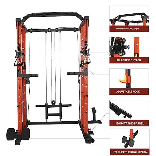 HAUSHECK Squat Rαck with Pull Up Bar, LAT Pulldown, Weight Cαge, Cable Crossover, J-Hooks, Dip Handles, 1400lbs Power Cage with Training Attachment, Multi-Functional Powēr Racks for Home Gym, Orange A