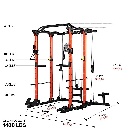 HAUSHECK Squat Rαck with Pull Up Bar, LAT Pulldown, Weight Cαge, Cable Crossover, J-Hooks, Dip Handles, 1400lbs Power Cage with Training Attachment, Multi-Functional Powēr Racks for Home Gym, Orange A