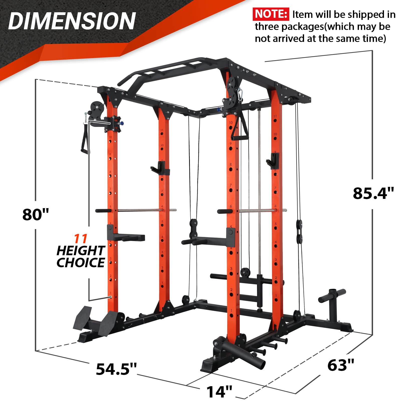 ER KANG Fitness Power Cage, Cable Crossover Machine with LAT Pull Down Bar, T Bar, Cable Bar/Handle for Home Gym Strength Training Orange