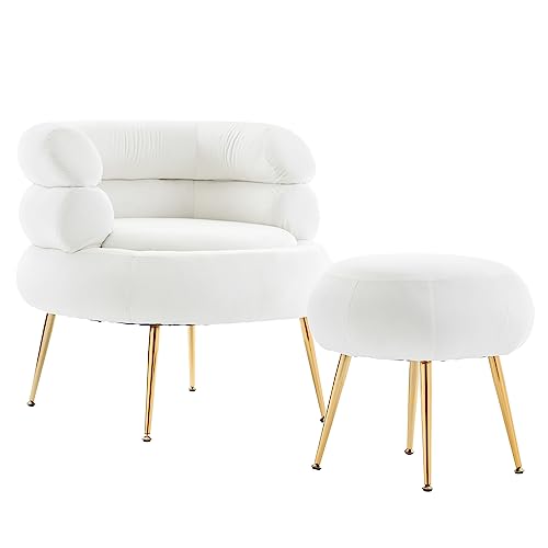 Modern Accent Chair with Ottoman - Barrel Chair with Golden Metal Legs - Velvet Single Sofa Reading Chair - Upholstered Tufted Lounge Chair - Armchair with Footrest for Bedroom Living Room - Beige