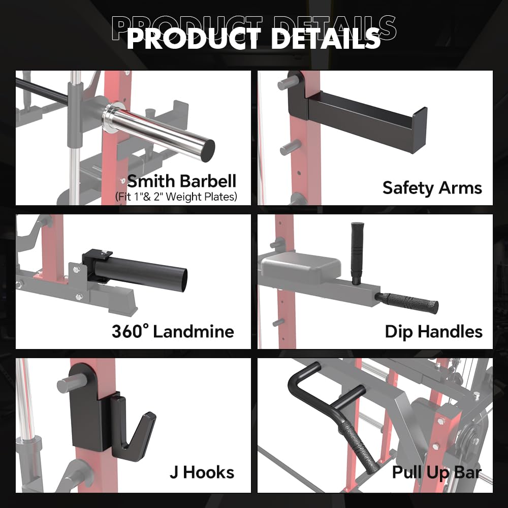 SPART Multi-Functional Power Cage, Power Rack Smith Machine with LAT Pulldown, PEC Fly, Cable Crossover, Landmine, Squat Rack with Full Body Training Attachments, Strengh Workout Machine for Home Gym