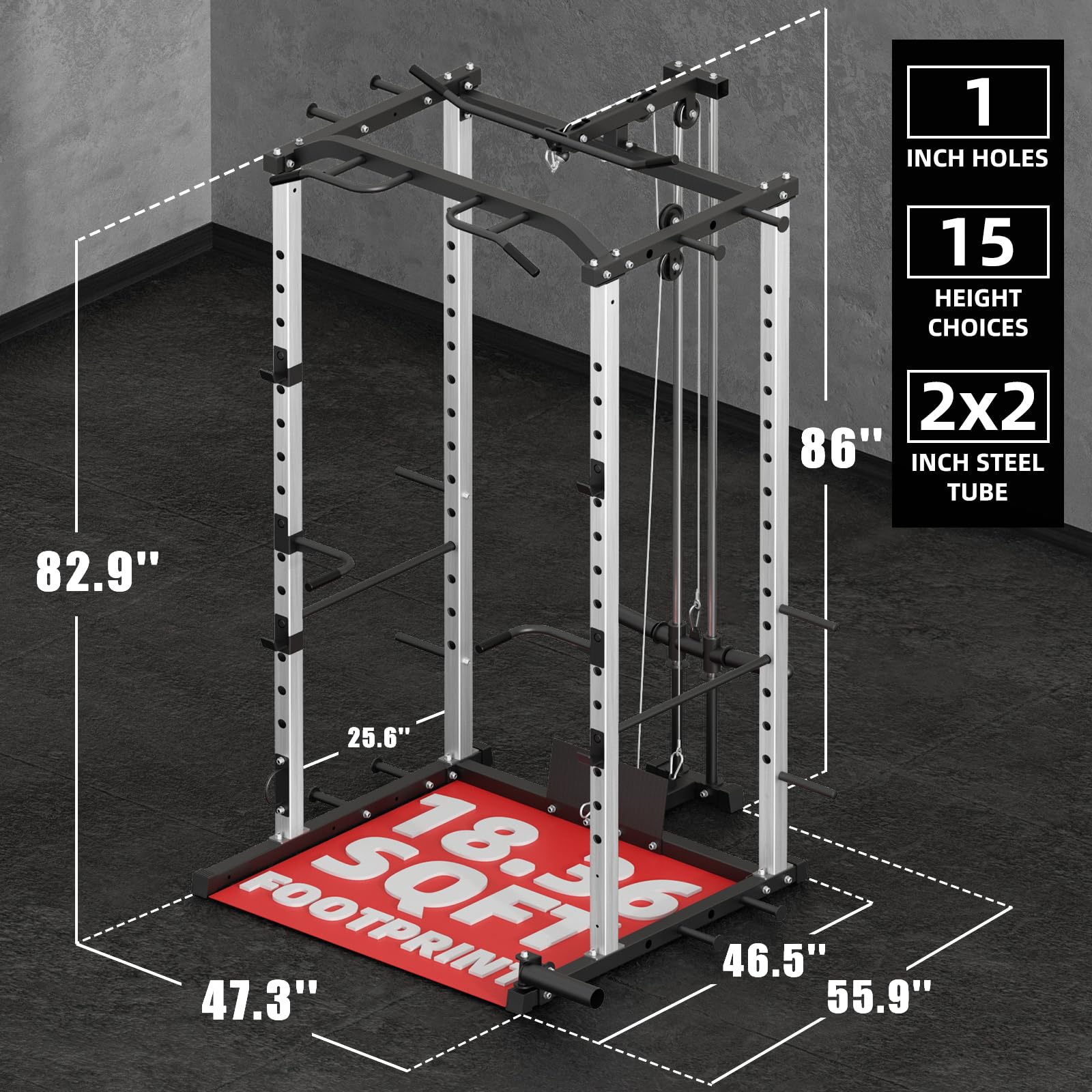 VANSWE Power Cage with LAT Pulldown Attachment, 1200-Pound Capacity Power Rack Full Home Gym Equipment with Multi-Grip Pull-up Bar, Landmine, T bar and Dip Handle