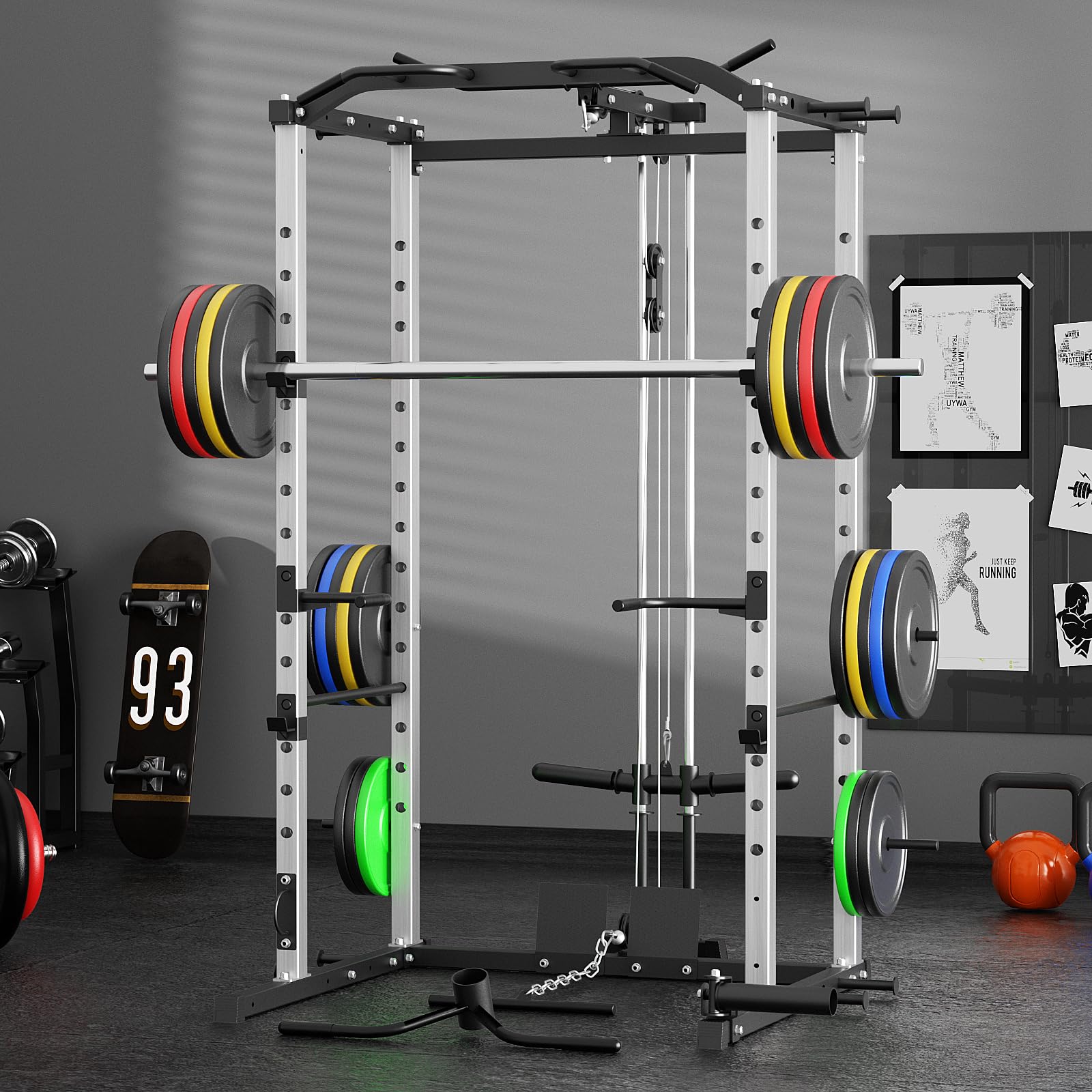 VANSWE Power Cage with LAT Pulldown Attachment, 1200-Pound Capacity Power Rack Full Home Gym Equipment with Multi-Grip Pull-up Bar, Landmine, T bar and Dip Handle