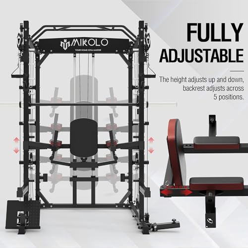 Mikolo Smith Machine with Weight Bench, Multifunction Power Cage and Cable Crossover Machine, Workout Machine with Storage System, Band Pegs, Smith Bar and Other Attachments for Home Gym（Black&Black）