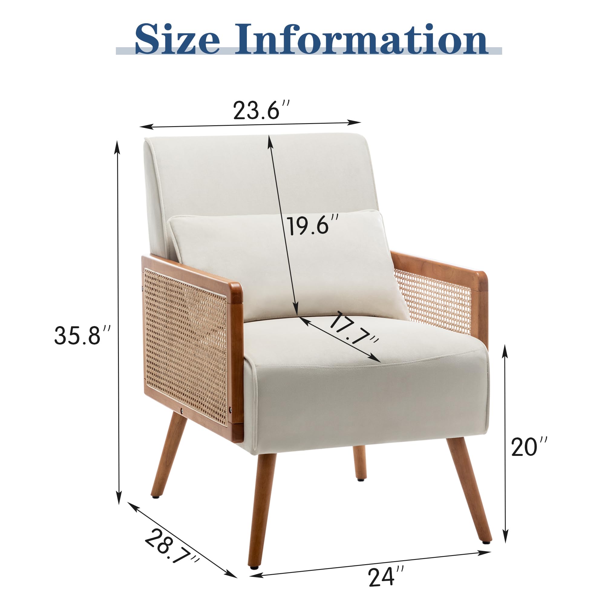 Mid Century Rattan Accent Chair Set of 2, Wooden Upholstered Leisure Armchair with Rattan Armrest, Modern Comfy Reading Accent Chair, for Living Room Bedroom Lounge Side Boho Club Chair, Beige