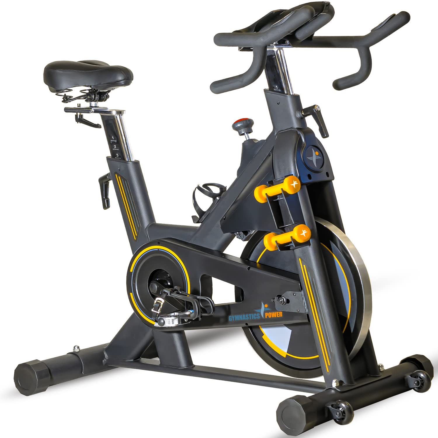 Gymnastics Power Indoor Exercise Bike Heavy-Duty 115 LB Magnetic Resistance, Includes 2X1 lb Dumbbells, Stationary Cycling Bikes for Home Exercise