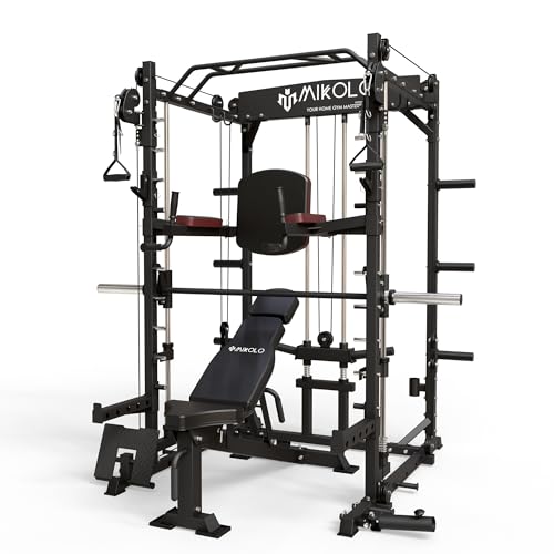 Mikolo Smith Machine with Weight Bench, Multifunction Power Cage and Cable Crossover Machine, Workout Machine with Storage System, Band Pegs, Smith Bar and Other Attachments for Home Gym(Black&Black)