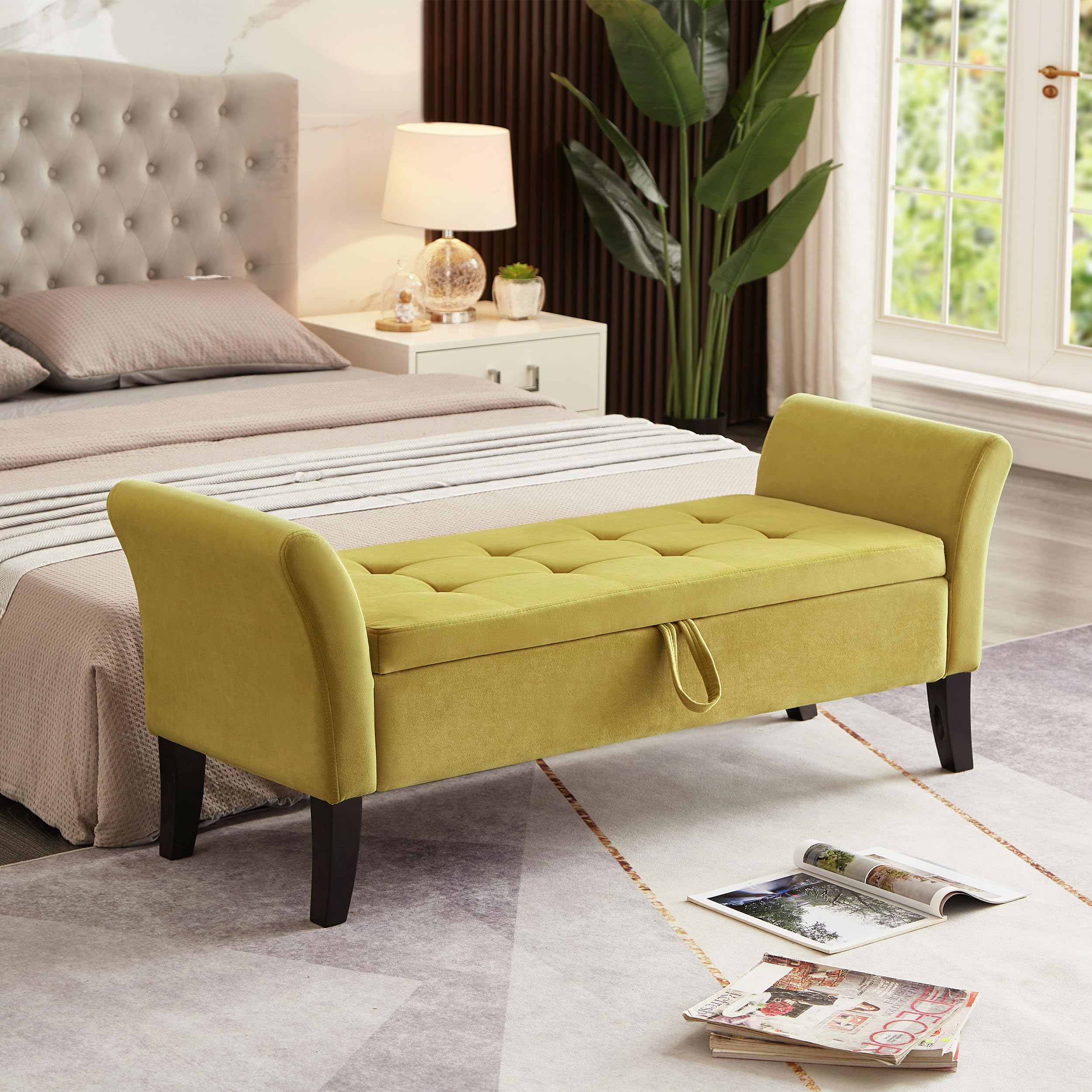 Homaddition Storage Ottoman Bench, 51.5" Upholstered Velvet Storage Bench with Curved Armrest & Solid Wood Leg, End of Bed Bench with Storage Queen Size for Bedroom Living Room Entryway (Olive Green)