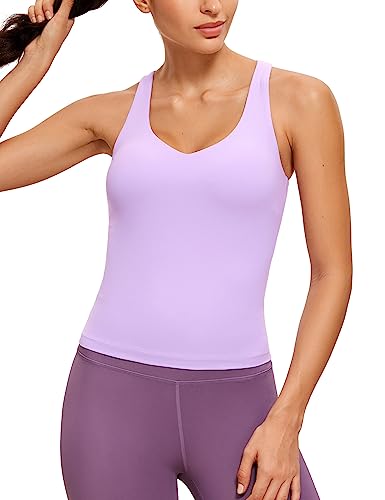 CRZ YOGA Butterluxe Womens V Neck Workout Tank Tops with Built in Bras - Sleeveless Padded Racerback Yoga Athletic Camisole Elfin Purple Medium