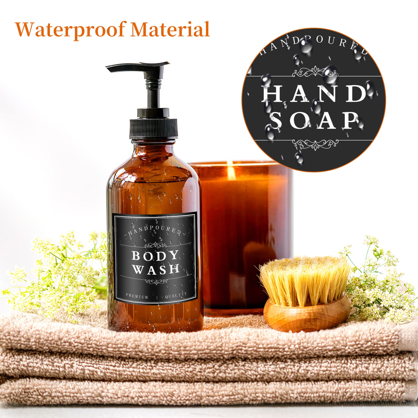24PCS Waterproof Soap Labels for Bottles, Bathroom Hand Soap Label Stickers, Shampoo and Conditioner Dispenser Labels for Glass/Plastic Spray Bottle (Black)