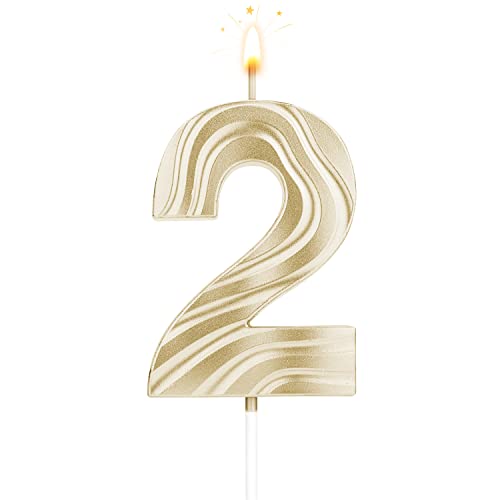 2.8inch Birthday Number Candle, 3D Candle Cake Topper Cake Numeral Candles Number Candles for Birthday, Wedding, Anniversary Parties, Celebration (Gold, 2)