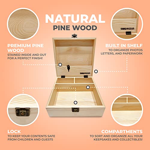 Swag Gear Wooden Keepsake Box with Lock and Storage Compartments Locking Wood boxes for Keepsakes Jewelry Knick Knacks Art Supplies (Natural)