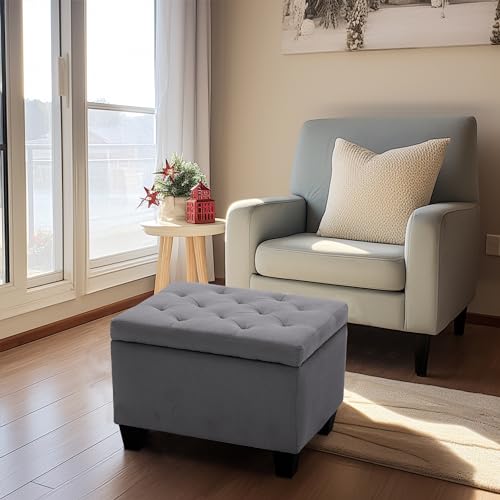 BELLEZE 24 Inch Modern Tufted Bedroom Storage Ottoman Bench, Linen Lift Top Upholstered Foam Padded Rectangular Footstool, Easy Assemble Furniture - Jay (Gray)