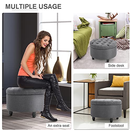 HOMCOM Round Linen-Touch Fabric Storage Footstool Ottoman Button Tufted Footrest with Removable Lid, Grey