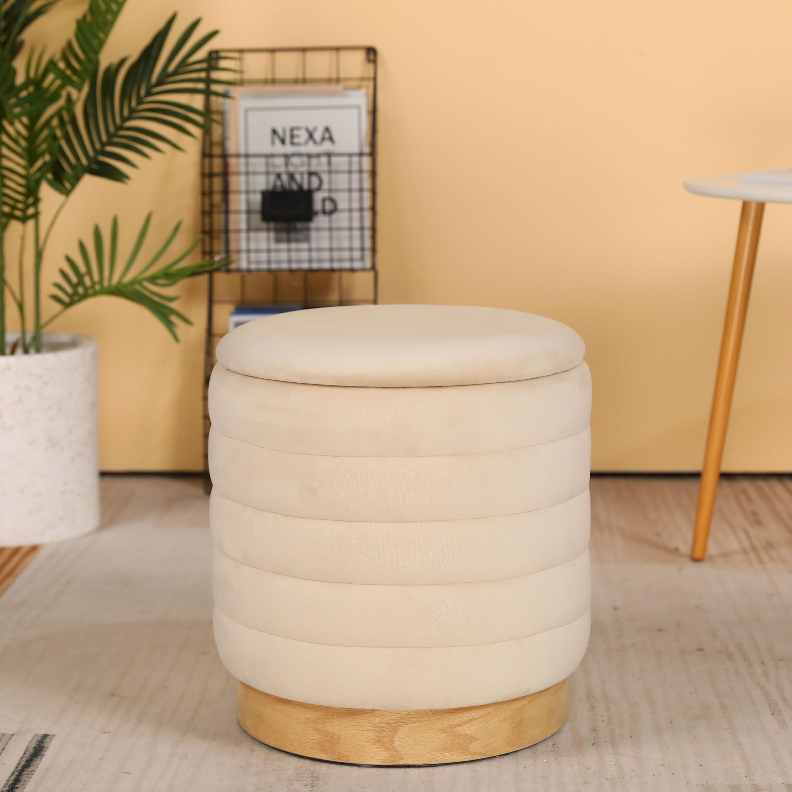 NEWIMAGE Round Ottoman Storage Box Dutch Velvet Pouffe Footstool 15.5'' Padded Stool Seat with Wooden Base, Footrest Vanity Stool with Lids for Bedroom Living Room Balcony Snack(Cream Horizontal Line)