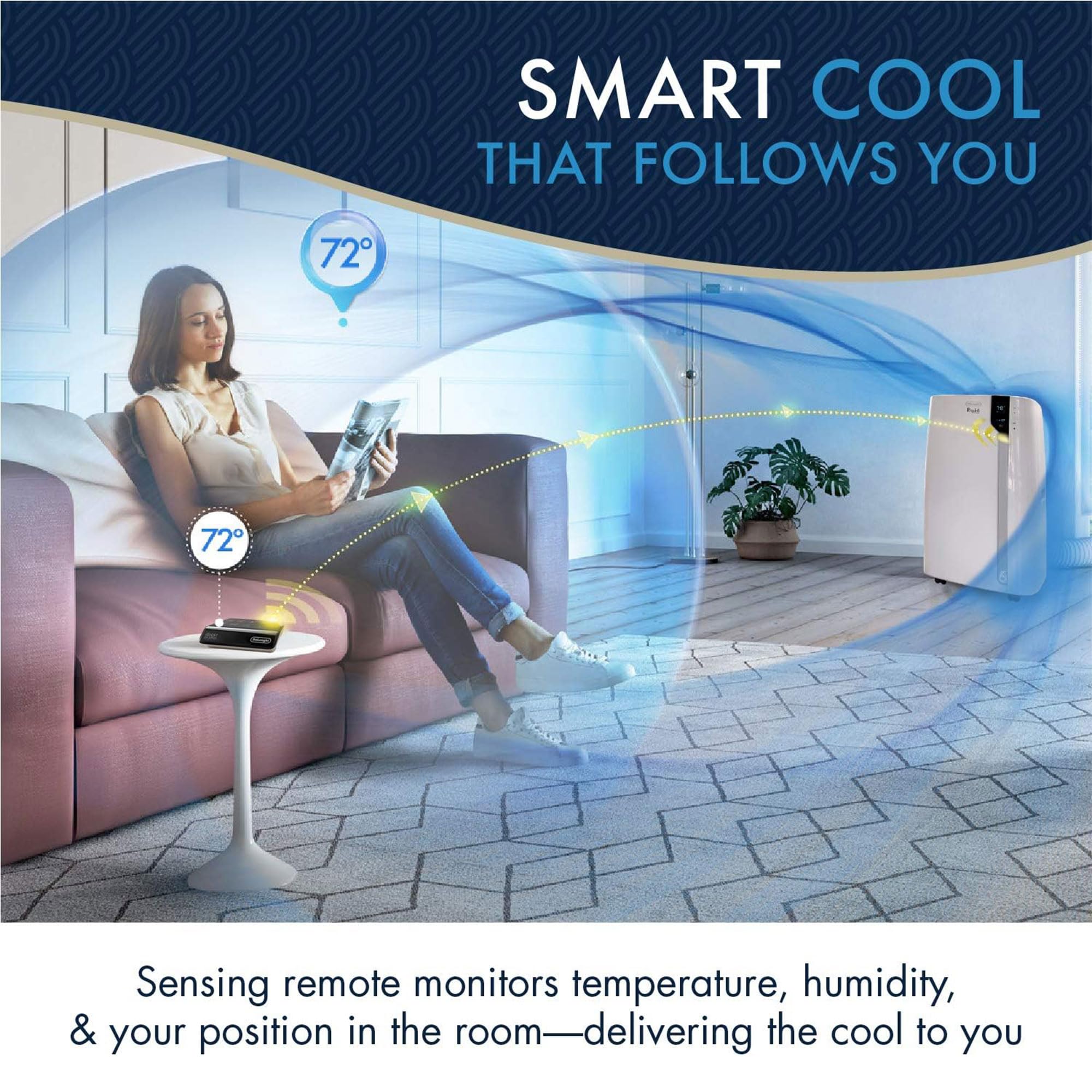 DeLonghi PAC360LVYN WH Pinguino Portable Air Conditioner in White with 6800.0 BTU Cooling Power, Remote Control, Dehumidifier and Portable Design