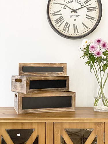 MODE HOME Set of 3 Large Torched Wood Decorative Storage Crates with Chalkboard, Nesting Wooden Crates for Display Rustic, Farmhouse Wooden Storage Container Boxes Made from 100% Wood