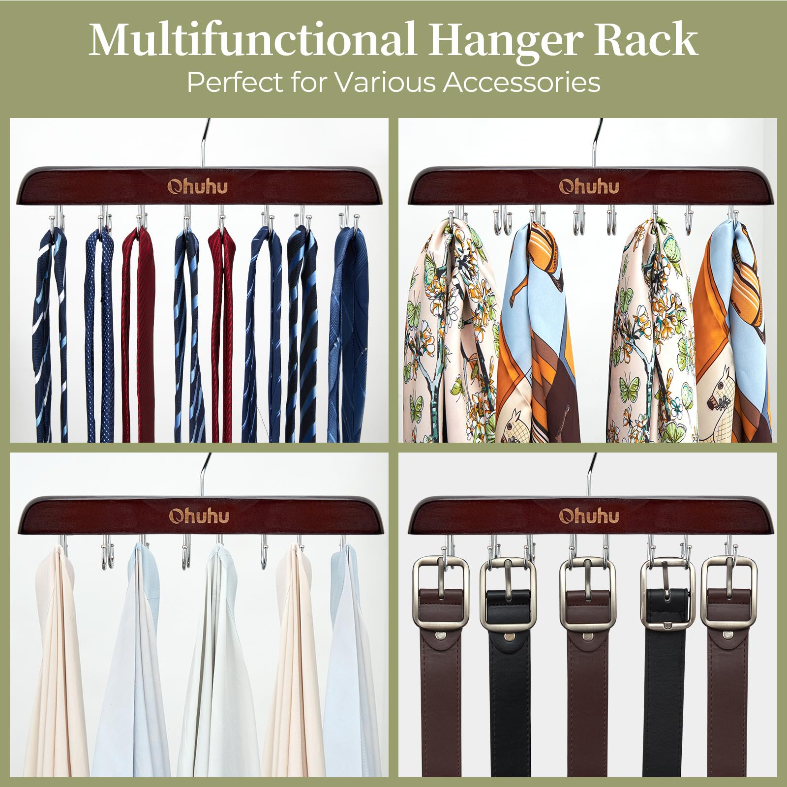Belt Hanger Organizer for Closet: Ohuhu 16 Hooks Max 48 Belts Tie Rack Wooden Belt Holder for Storage 360 Degree Rotating Space Saver Organizer for Men Women Belt Tie Scarf Tank Top Accessories-Walnut