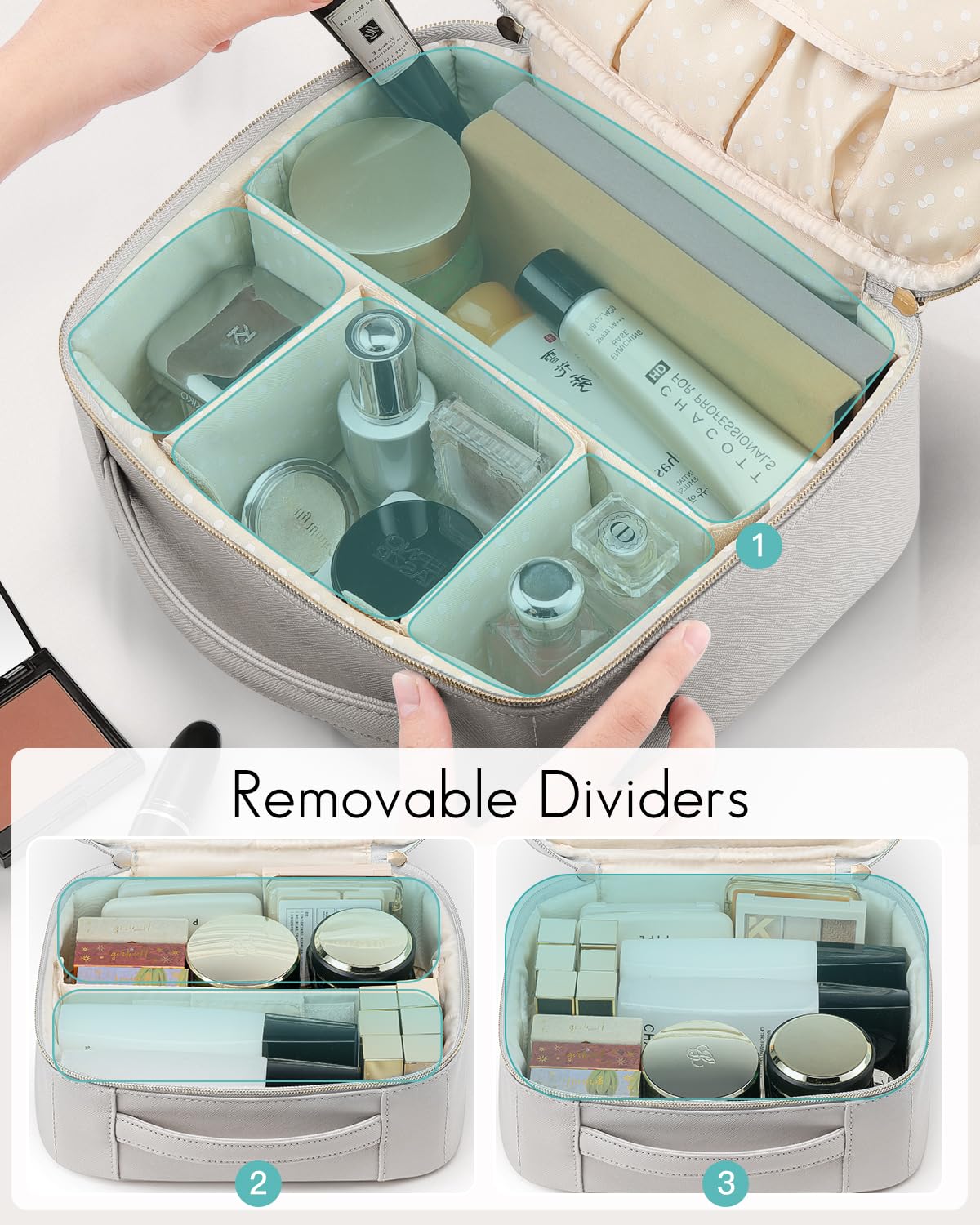 Vlando Travel Makeup Cosmetic Case Organizer Portable Storage Bag with Adjustable Dividers for Cosmetics Makeup brushes, girls, women, friends.(gray)