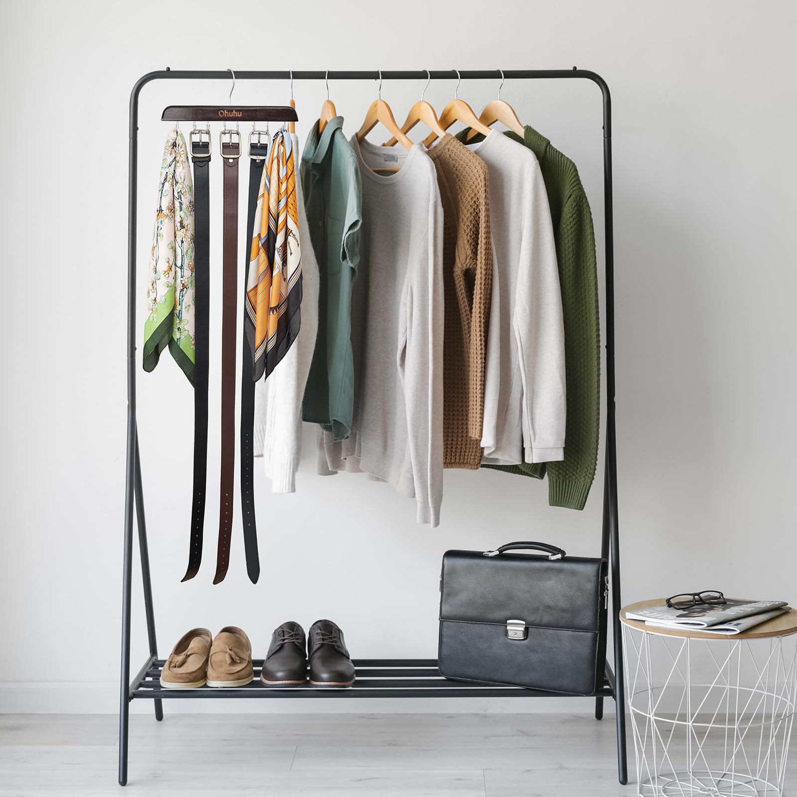 Belt Hanger Organizer for Closet: Ohuhu 16 Hooks Max 48 Belts Tie Rack Wooden Belt Holder for Storage 360 Degree Rotating Space Saver Organizer for Men Women Belt Tie Scarf Tank Top Accessories-Walnut