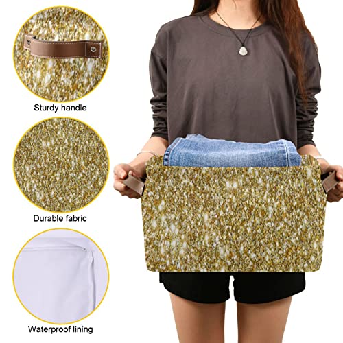 Kigai Gold Sequins Storage Basket, Foldable Canvas Cube Storage Bin with Handles for Home Office Closet, 2pcs