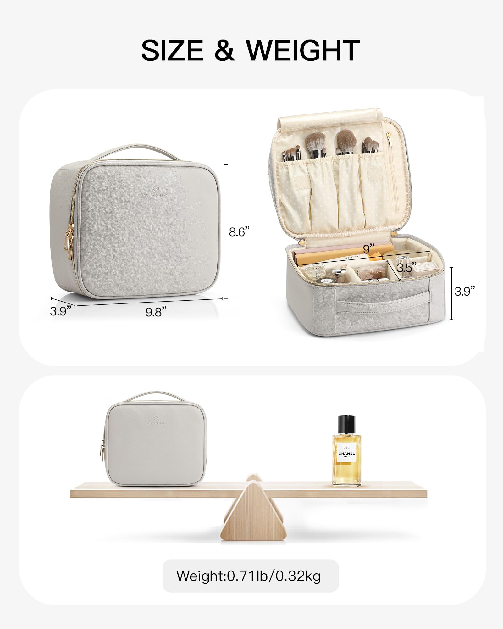 Vlando Travel Makeup Cosmetic Case Organizer Portable Storage Bag with Adjustable Dividers for Cosmetics Makeup brushes, girls, women, friends.(gray)