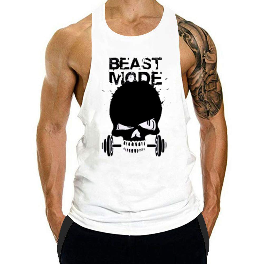 GZXISI Mens Skull Print Stringer Bodybuilding Gym Tank Tops Sleeveless Workout Shirt Fitness Vest (B# White, Large)
