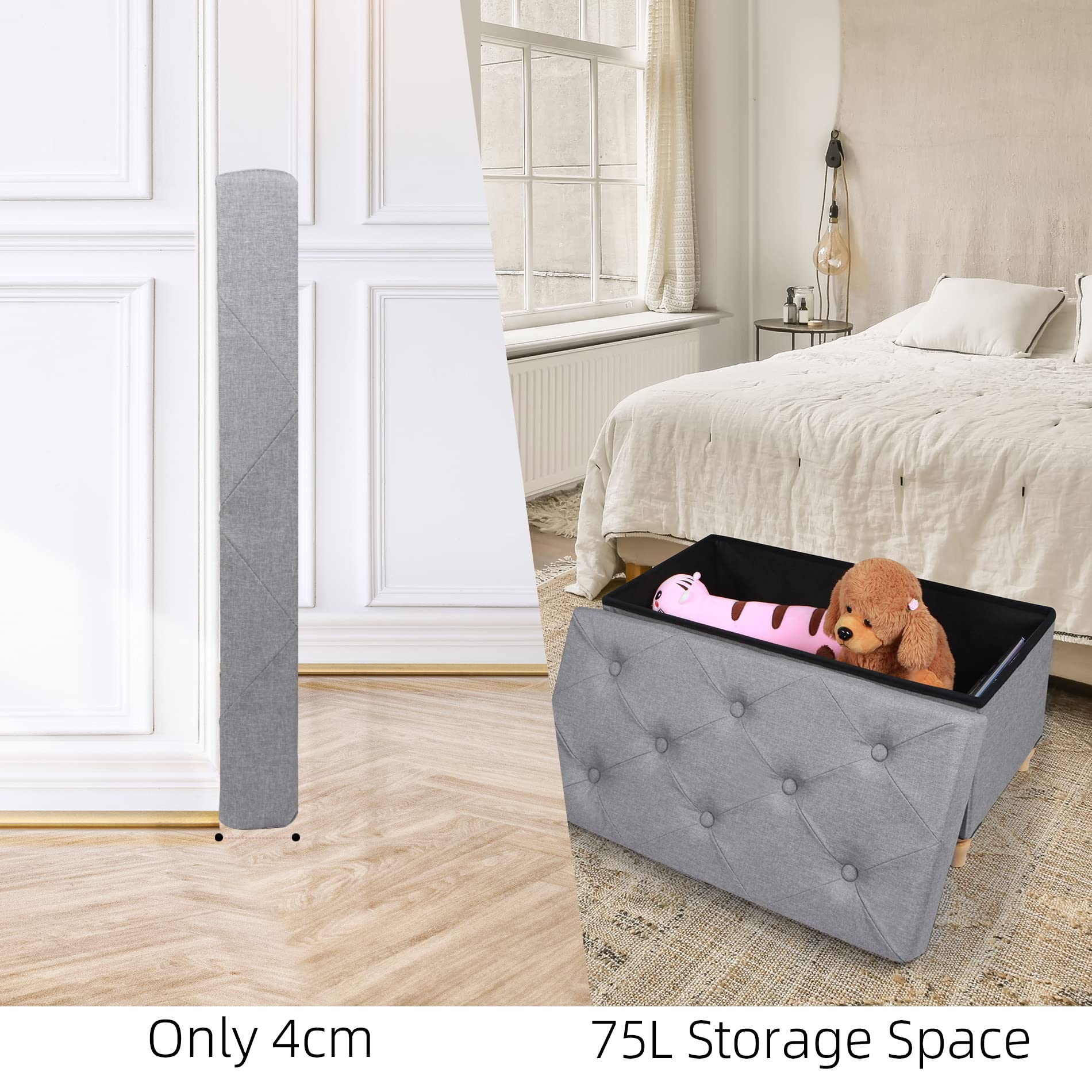GLAXYFUR Storage Ottoman with Wooden Legs, Folding Storage Bench for Living Room, 30" Linen Fabric Ottoman Foot Rest Stool (Linen, Light Grey)