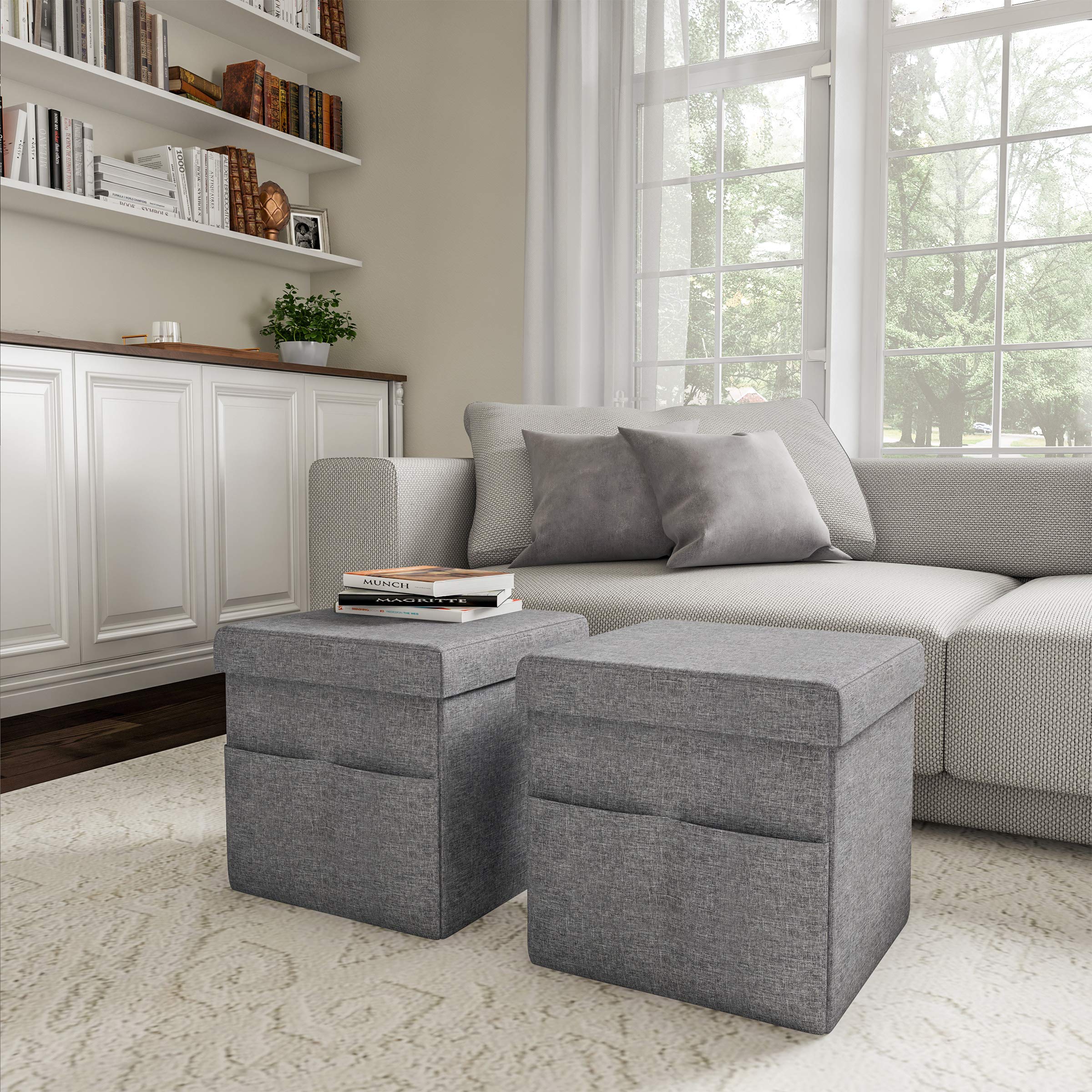 Lavish Home Set of 2 Cube Ottoman with Pockets 15-Inch Folding Foot Rests or Storage Organizers for Bedroom, Living Room, or Dorm, Charcoal Gray