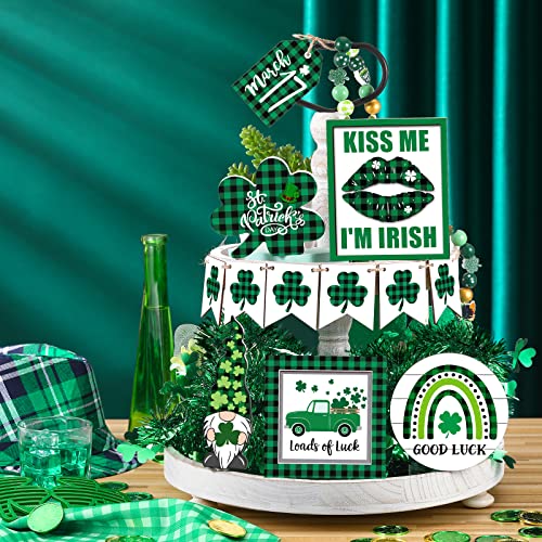 12 Pieces St. Patrick's Day Tiered Tray Decor Buffalo Plaid Table Wooden Sign Decorations Gnome Tabletop Heart Sign Decor for St. Patrick's Day Party Home Kitchen Holiday