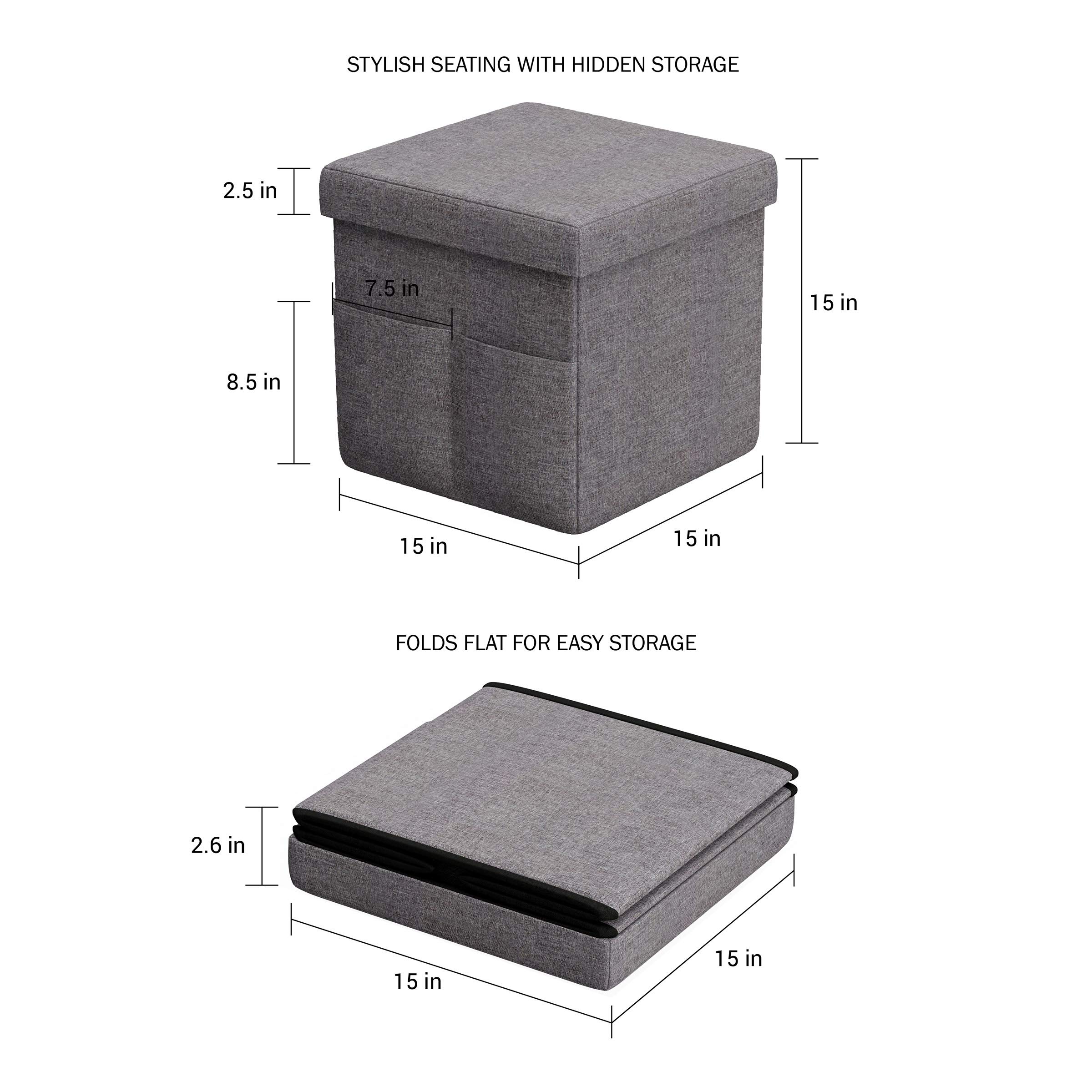 Lavish Home Set of 2 Cube Ottoman with Pockets 15-Inch Folding Foot Rests or Storage Organizers for Bedroom, Living Room, or Dorm, Charcoal Gray