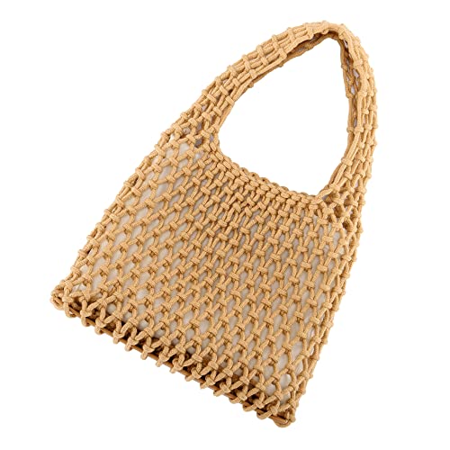 CHIC DIARY Handwoven Small Handbags for Women Cotton Crochet Clutch Purses Summer Beach Fishnet Tote Bags Wristlet Bags(Light Brown)