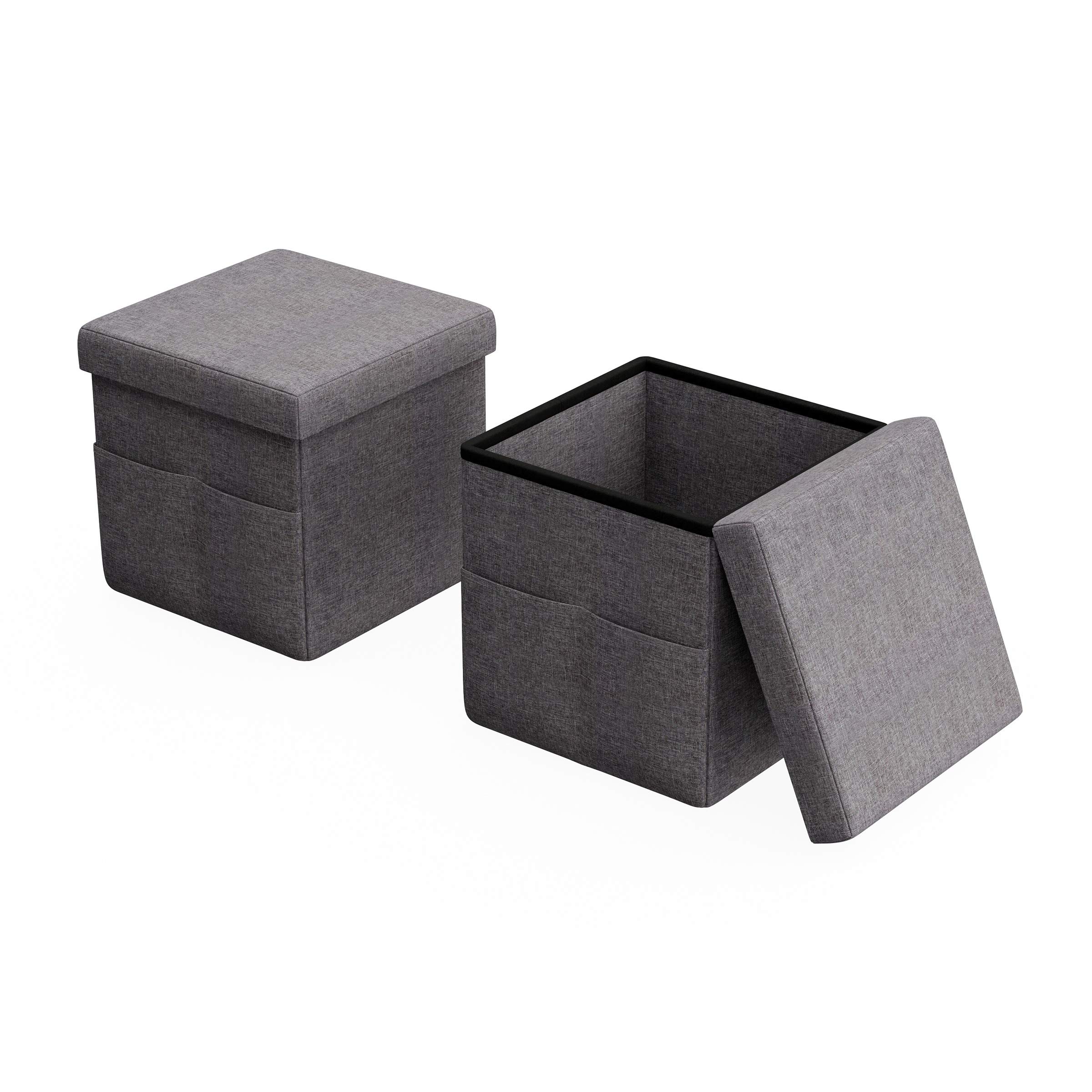 Lavish Home Set of 2 Cube Ottoman with Pockets 15-Inch Folding Foot Rests or Storage Organizers for Bedroom, Living Room, or Dorm, Charcoal Gray