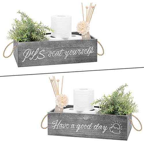 LadyRosian Bathroom Decor Box, 2 Sides of Signs for Bathroom Decor Boxes, Toilet Paper Holder, Farmhouse Rustic Wood Storage Bin Funny Home Storage Box for Livingroom Kitchen, Counter Table Decor