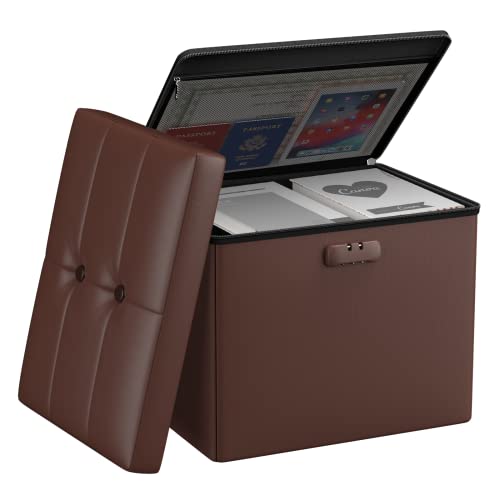 Tamfile Storage Ottoman with Lock, Fireproof Safe Folding for Documents, Waterproof Foot Rest Stool, Stable Short Living Room, Brown, 17 * 13 * 13inch