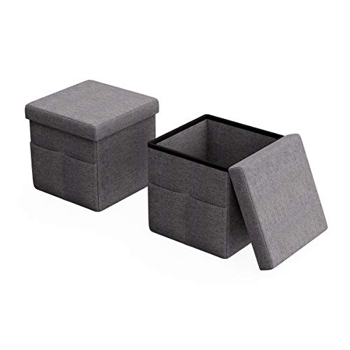 Lavish Home Set of 2 Cube Ottoman with Pockets 15-Inch Folding Foot Rests or Storage Organizers for Bedroom, Living Room, or Dorm, Charcoal Gray